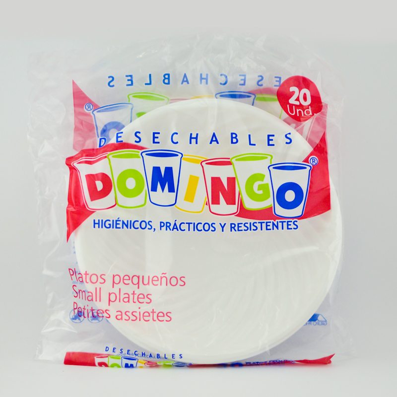 PLATO PEQ. PONQUE PLASTICO BLANCO PAQ. X 20 UD - DOMINGO – DetalShop